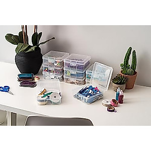 IRIS USA 10 Pack Small Plastic Hobby Art Craft Supply Organizer Storage Containers with Latching Lid, for Pencil, Lego, Crayon, Ribbons, Wahi Tape, Beads, Sticker, Yarn, Ornaments, Stackable, Clear