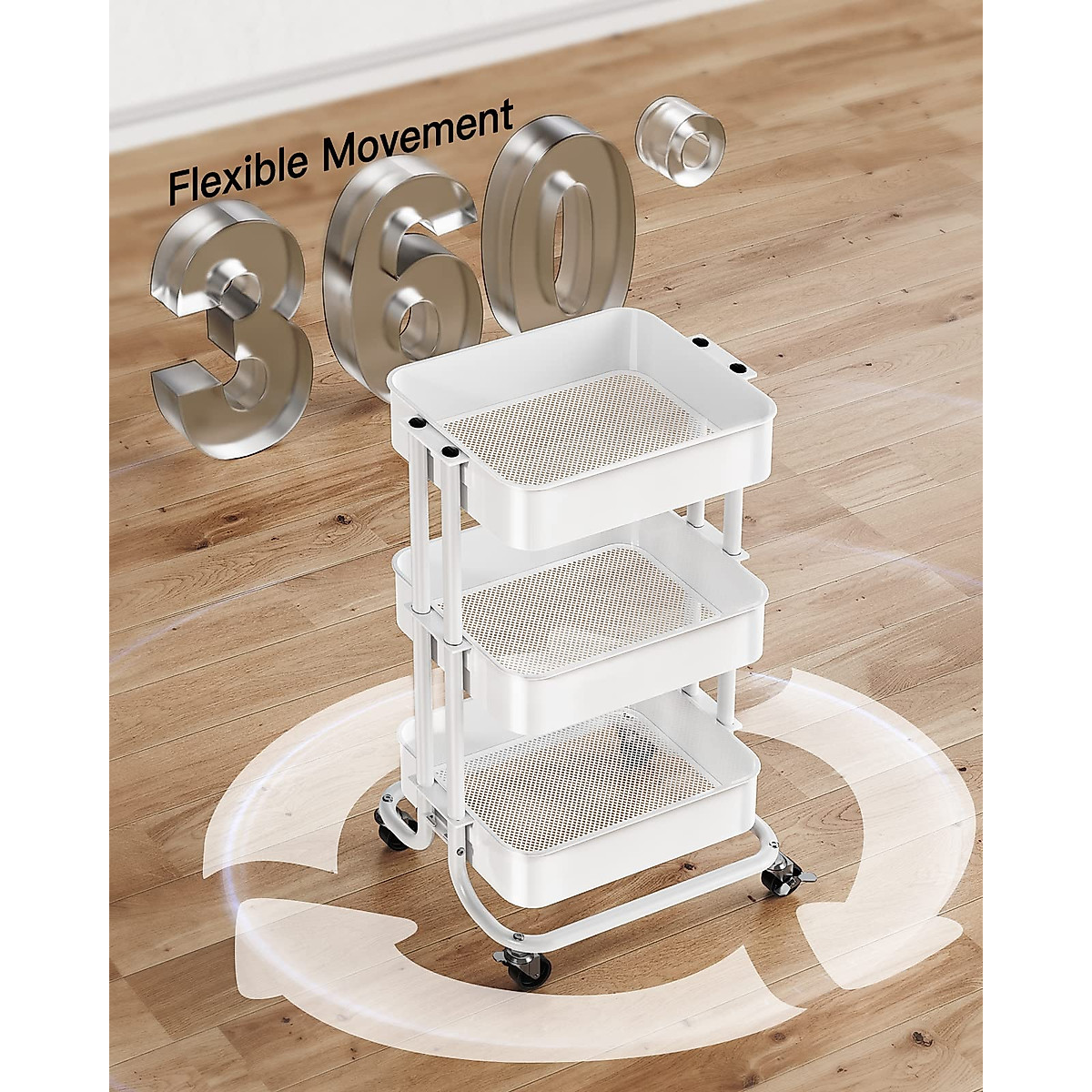 Pipishell 3 Tier Metal Rolling Utility Cart, Heavy-Duty Storage Rolling Cart with 2 Lockable Wheels, Multifunctional Mesh Organization Utility Cart for Kitchen Dining Room Living Room (White)