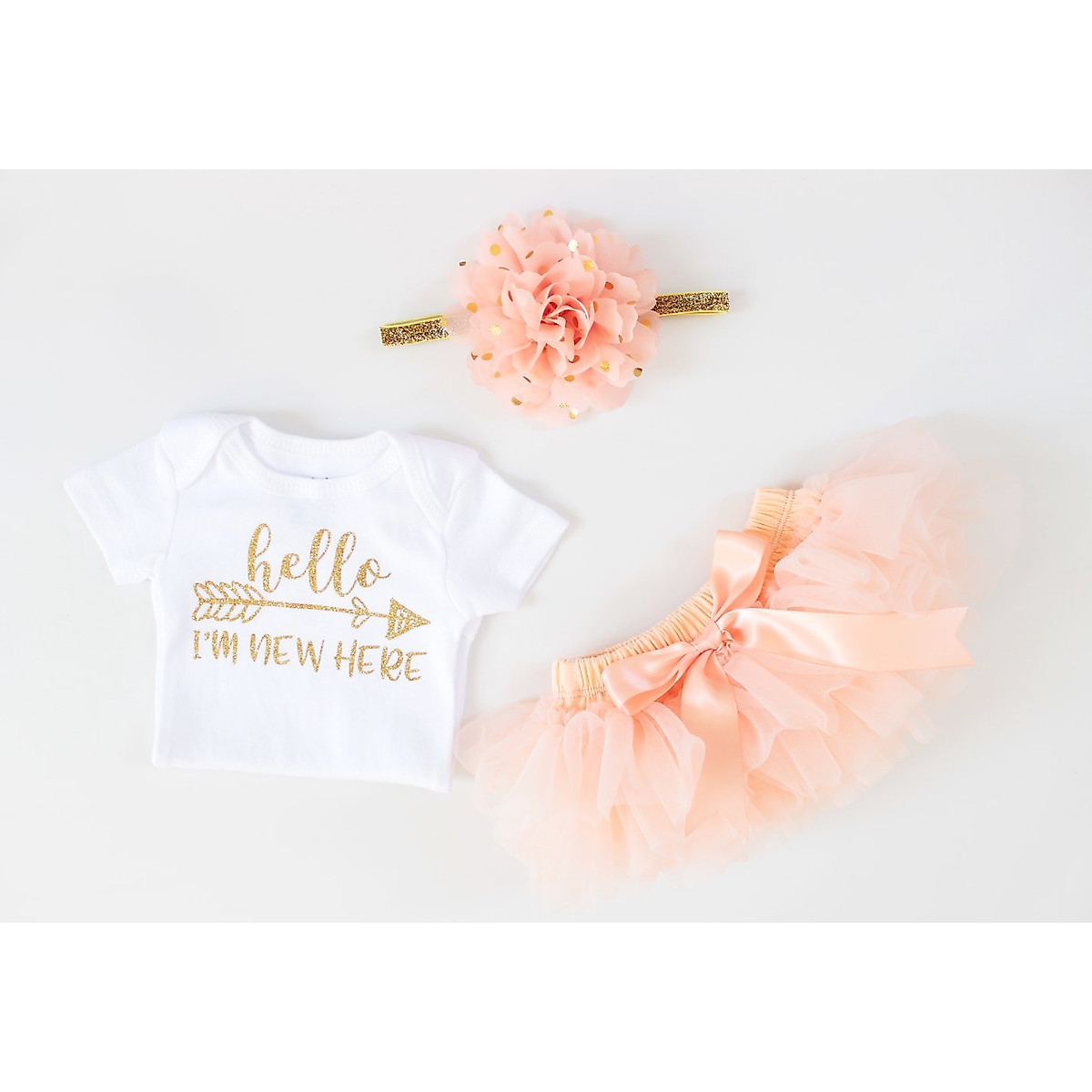 LilPinkGoose Newborn Baby Girl Coming Home Outfit Hello I am New here Bodysuits 3pcs (Newborn, Peach Long Sleeve)