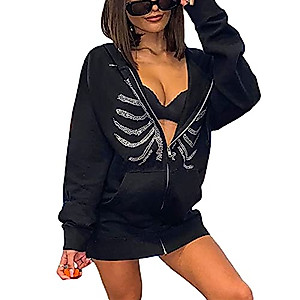 Women 's Oversized Zip Up Sweatshirt Skeleton Rhinestone Jackets Y2K Long Sleeve Printed Hoodies(A-Skeleton Rhinestone Black,Medium)