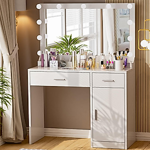 Likein Vanity Desk with Mirror and Lights, Makeup Vanity Desk with Lights, Modern Dressing Table with Charging Station 2 Drawers & Cabinet for Girls Women