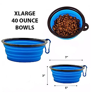 XL Collapsible Dog Food and Water Bowls with Bone-Shaped Waste Bag Holder, Includes 300 Biodegradable Bags - Set of Two 40 Oz Pet Feeding, Watering Bowls for Traveling, Camping, Hiking, and Kennel