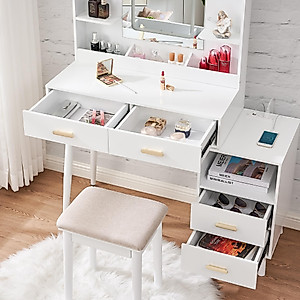 BEWISHOME Vanity Desk, White Vanity with Charging Station & Nightstand, Makeup Desk Makeup Vanity with Lights with 3 Colors Modes, Makeup Table Vanity Table with Stool Dressing Table Vanity Set FST18W