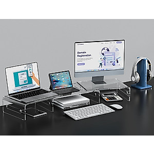 ErgoFocus Acrylic Monitor Stand Riser, Dual Monitor Stand with Adjustable Length and Angle, Clear Monitor Stand for 2 Monitors, 3 Shelf Monitor Stand Riser with Anti-Slip Mat for Computer
