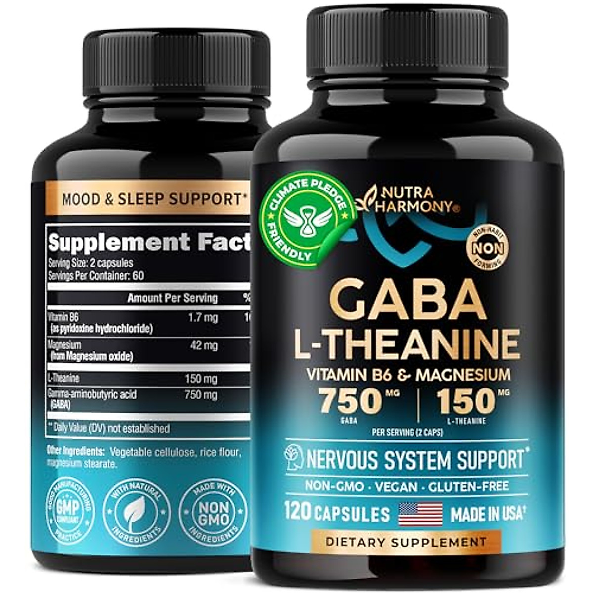 GABA L-Theanine 900 mg - Made in USA - Magnesium | Vitamin B6 - Calm, Sleep, Relaxation & Mood Support - 750 mg Gamma AminoButyric Acid, 150 mg L-Theanine - Non-Habit Forming, Vegan - 120 Capsules