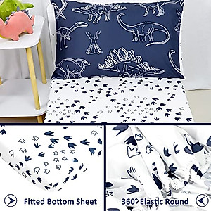 Jundetye 4 Pieces Dinosaur Toddler Bedding Set for Boys, Soft Breathable Toddler Comforter Set, Dino Print Navy, Includes Reversible Comforter, White Fitted Sheet and Flat Sheet, Pillowcase