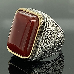 Men Handmade Ring, Red Agate Ring, Dark Aqeeq Gemstone Ring, Ottoman Style Ring, 925k Sterling Silver, Gift For Him
