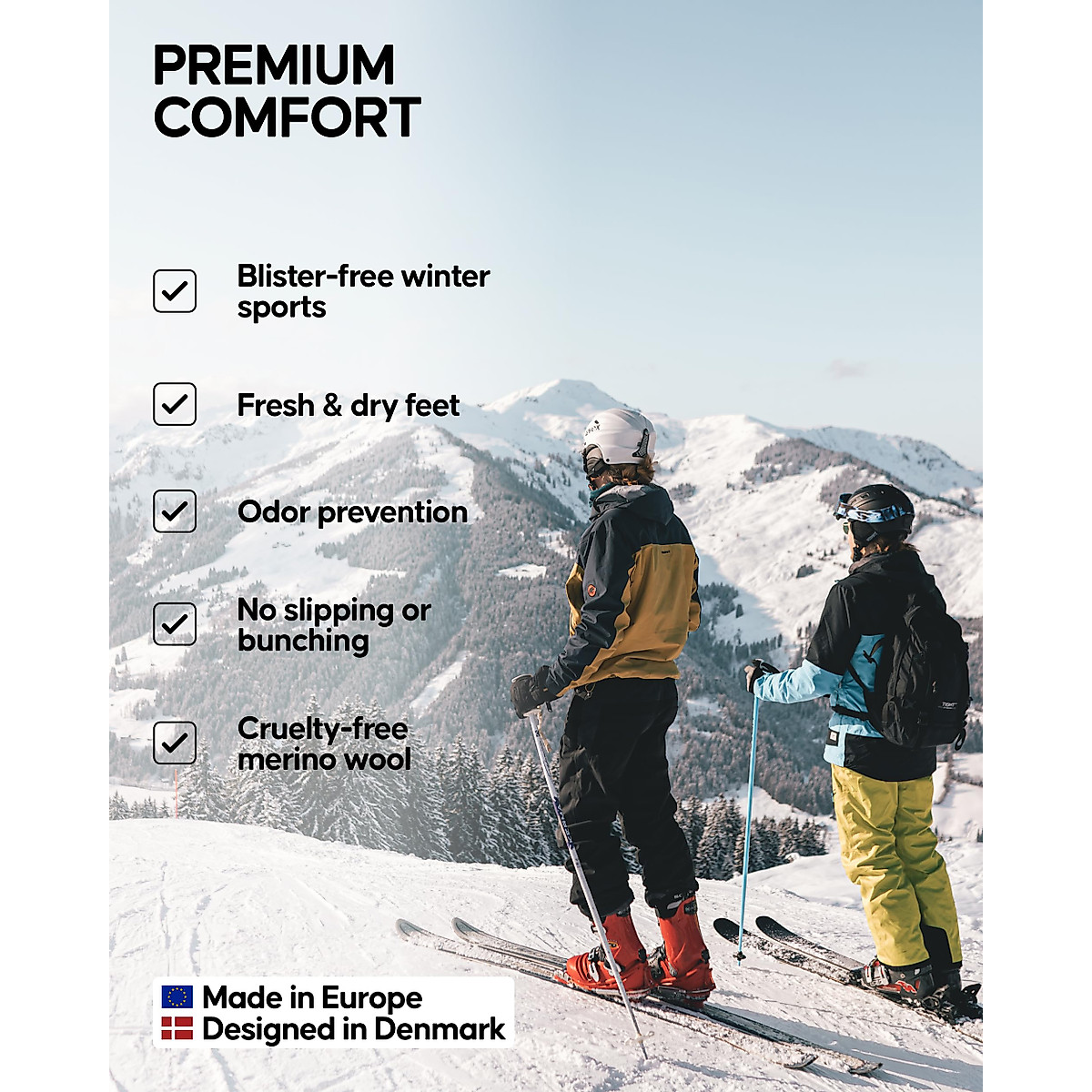 DANISH ENURANCE Merino Wool Performance Ski Socks for Men, Women & Kids, Blue/Yellow, US Women 8-10 // US Men 6.5-8.5