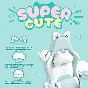 Dowinx Gaming Chair Cute with Cat Ears and Massage Lumbar Support, Ergonomic Computer Chair for Girl with Footrest and Headrest, Comfortable Reclining Game Chair 290lbs for Adult, Teen, Blue Green