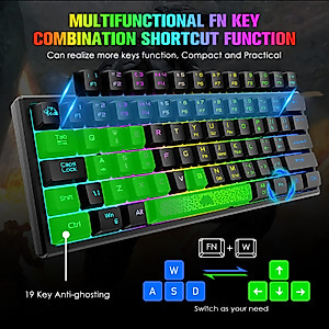 ZIYOU LANG K61 60% Gaming Keyboard Mini Portable with Rainbow RGB Backlit Ergonomic 62Key Layout 19Key Anti-ghosting Mechanical Feel Waterproof USB Wired for PC Mac Windows Gamer Laptop Typists(Black)