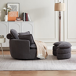 38"W Oversized Cuddle Sofa Chair Lounger with moon storage ottoman, Modern Accent Round Loveseat Circle Swivel Barrel Chairs, Swivel Chair Armchair for Bedroom, Living Room, 4 Pillows, CORDUROY(Grey)
