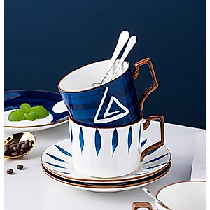 Jusalpha Japanese style hand printed- 7oz Fine China Tea Cup/Coffee Cup With Spoon and Tray/Saucer Set, Tableware, Serve of 4, TCS25