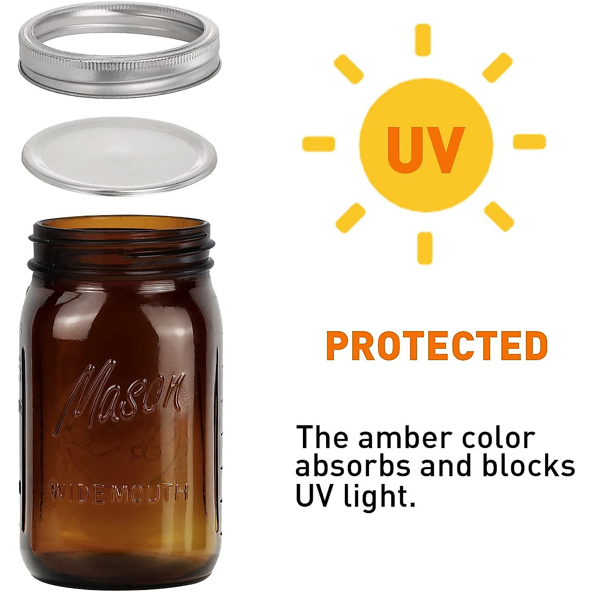 Tebery 6 Pack Amber Wide Mouth Quart Mason Jars, 32Oz Canning Glass Jars with Airtight lids and Bands for Canning, Freezing, Preserving, Beverages & Jar Decor