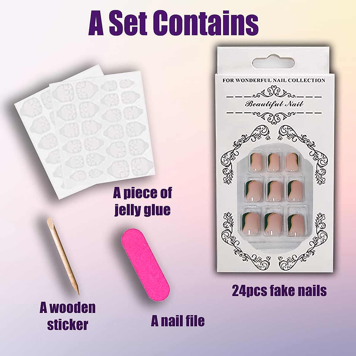 QINGGE Pink Press on Nails Short Length Square Fake Nails with Green Gold Stripe Design Fashion Stick on Nails Glue on Nails Glossy Acrylic Nails False Nails for Women 24Pcs