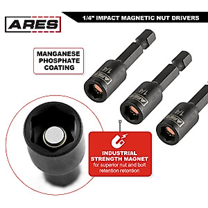ARES 27012-3-Piece 1/4-Inch Magnetic Impact Nut Driver Bit Set - 1 3/4-Inch Length - Impact Grade Nut Setters with Industrial Strength Magnets