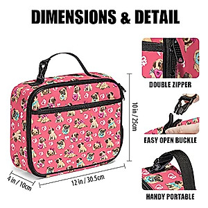 IVENHLYS Dog Lunch Box, Cute Pugs Insulated Lunch Bag Leakproof Durable Reusable Adult Tote Bag with Pocket, Cooler Lunch Box for Women Men Dog Lover Kid Pink Ideal Gift…