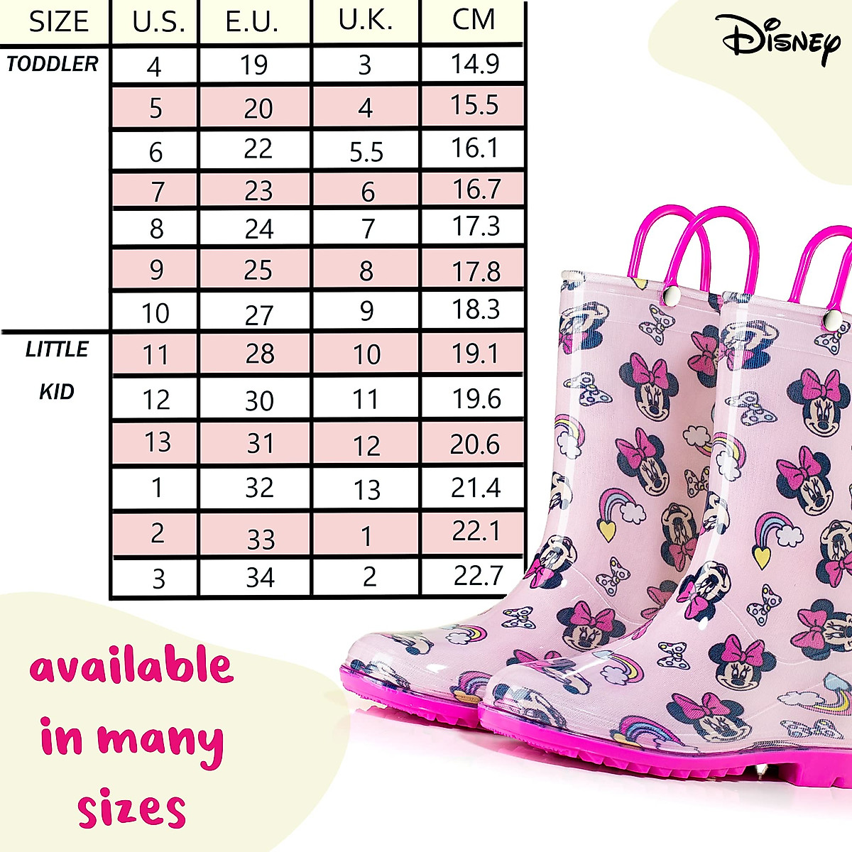 Disney Minnie Mouse Girls Pink PVC Rainboots - Easy-On Handle - Size 9 Toddler