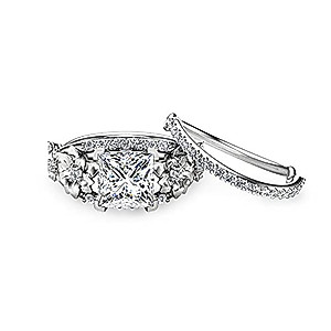 3 CT Princess Shape White Cubic Zirconia Filigree Bridal Wedding Engagement Ring with Band in 14K White Gold Plated 925 Sterling Silver (3 Cttw) Ring Size - 4.5