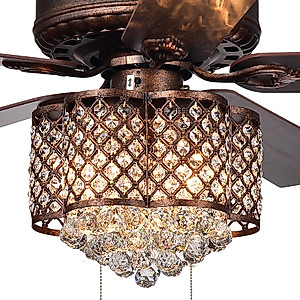 Neatmeat Crystal Ceiling Fans with Lights 52'' Chandelier Ceiling Fan with Pull Chain Control Flush Mount Vintage Bronze Ceiling Fan with 5 Reverse Wood Blades for Bedroom Living Room Dining Room