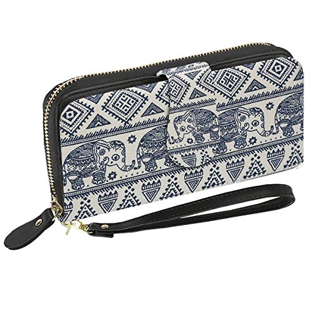 LATH.PIN Bohemian Purse Wallet Canvas Elephant Pattern Handbag with Coin Pocket and Strap (White, Large)