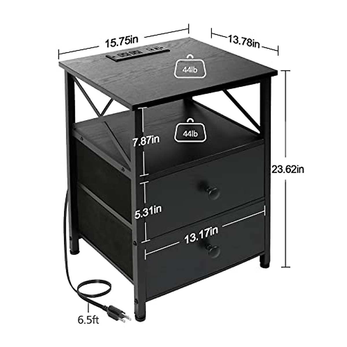 AMHANCIBLE Night Stand Set 2, Black Nightstand with Charging Station, End Tables Living Room with USB Ports and Outlets, Bed Side Tables Bedroom with Drawers HET05XBK