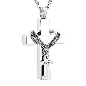 MEMORIALU Cross Mom Urn Necklaces for Ashes Cremation Crucifix Keepsake Memorial Women Stainless Steel Pendant Necklace