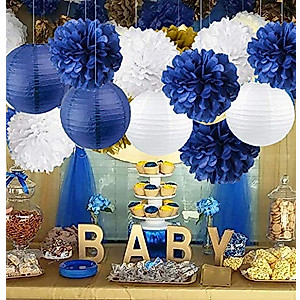 Kubert Outer Space Birthday Party Decorations 1st Birthday Boy Prince Party Decorations with Navy Silver Tissue Pom Poms Decorations Happy Birthday Banner Navy Blue Glitter Silver Paper Star Garlands