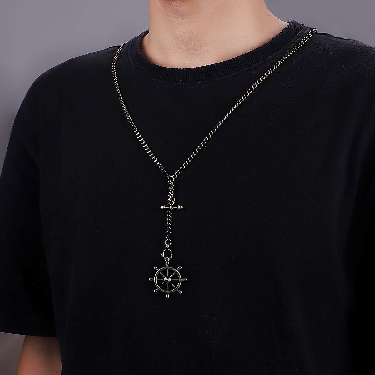 ManChDa Double Albert Chain Pocket Watch, Curb Link Chain 3 Hook Antique Plating Shield Design Fob T Bar for Men Bass with Rudder