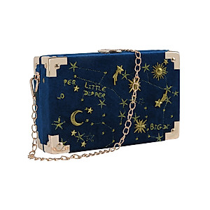 Oweisong Women Velvet Box Shape Evening Handbag Party Embroidery Star Moon Clutch Bag Elegant Crossbody Shoulder Purse