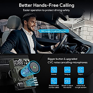 LENCENT FM Bluetooth 5.3 Transmitter for Car, Adjustable Treble and Bass Sound Music Player, Bluetooth Car Adapter for Hands Free Calls, Supports PD30W Fast Charging, U Disk, Siri Google Assistant