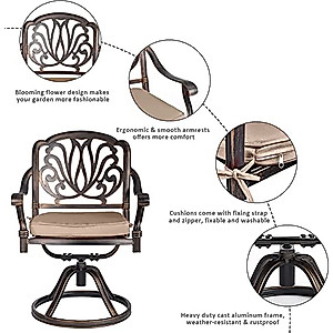LEISU 2 Piece Cast Aluminum Bistro Dining Chair Outdoor Bistro Chairs with Khaki Cushions for Home Patio Garden Deck (2 Swivel Rocker)