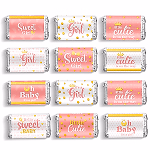 Baby Shower Candy Wrappers, Shower Mini Candy Bar Miniatures Wrappers Chocolate Bar Label Stickers for Boys Girls Kids Baby Shower Decor (No Candy)(Pink Girl Style, 90 Pieces)