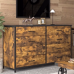 IKENO 8 Drawer Dresser, Industrial Wood Storage Dressers & Chests of Drawers with Sturdy Steel Frame, Storage Dresser for Bedroom Wood (Rustic Brown)
