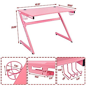 YIGOBUY Pink Gaming Computer Desk 43 Inch Barbie Gaming Table Z Shape Black Racing Table Student Desk with& Headphone Hook for Kids Adults Home Office Bedroom Computer Workstation