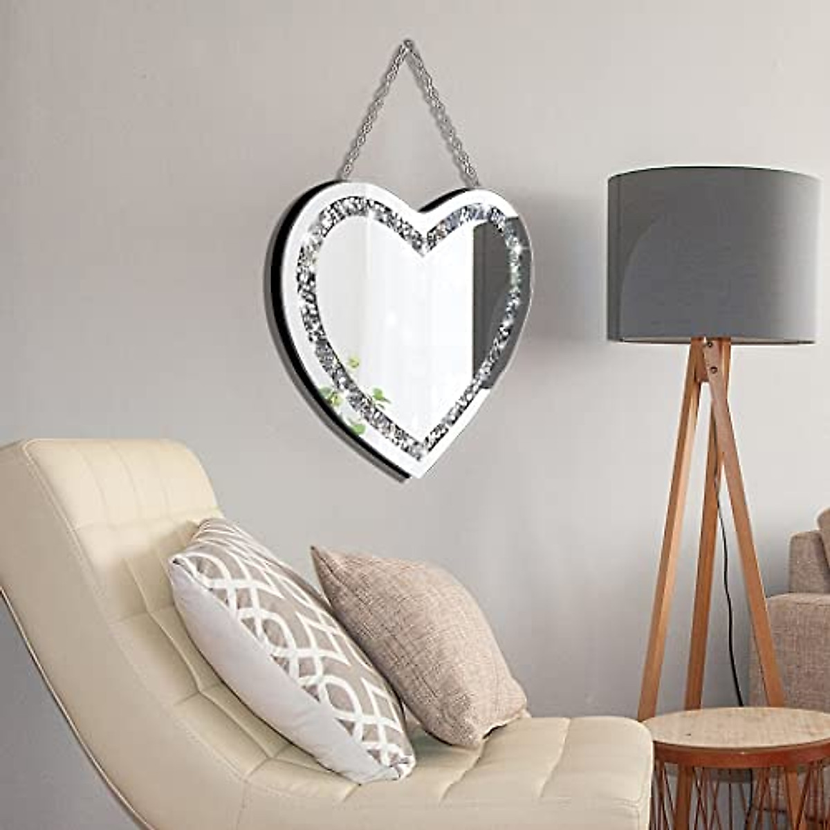 DMDFIRST Crystal Crush Diamond Heart Shaped Silver Mirror with Silver Stainless Steel Chain for Wall Decoration 12x12x0.5 inch Wall Hang Frameless Mirror Glass Diamond Decor Glam Mirror