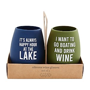 Mud Pie Silicone Wine Glass Set, 16 oz, Happy Lake