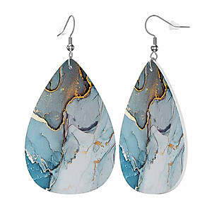 Water Alcohol Ink Leather Earrings for Women Sapphirine and Navy Blue Spots Marbling Art Teardrop Double-Sided Dangle Lightweight Leaf Earrings