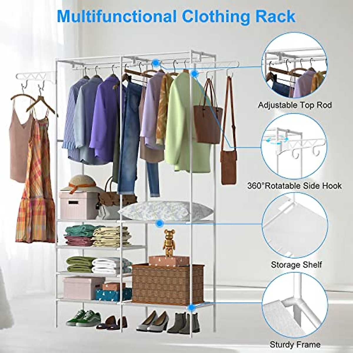 TeqHome Garment Rack, 42'' Freestanding Clothes Rack Shoe Clothing Organizer Shelves, Multifunctional Clothes Wardrobe with 4 Hooks & 2 Hanging Rods, Coated Iron Frame, Easy Assembly, Max Load 350lbs