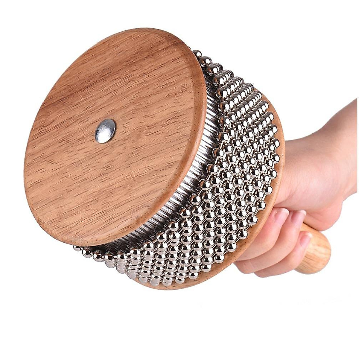 Froiny 1pc Wooden Cabasa Percussion Metal Beaded Chain & Cylinder Pop Hand Shaker Percussion Instrument