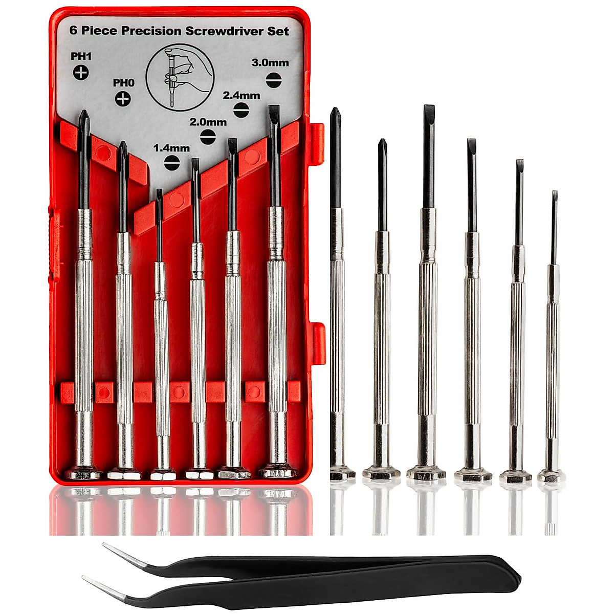 Mini Screwdriver Set Plus Tweezer, 7 PCS Total, Small Screwdriver Set with 6 Different Size Flathead and Phillips Screwdrivers, Precision Screwdriver Set for Jewelry, Watch, iPhone, Eyeglass Repair