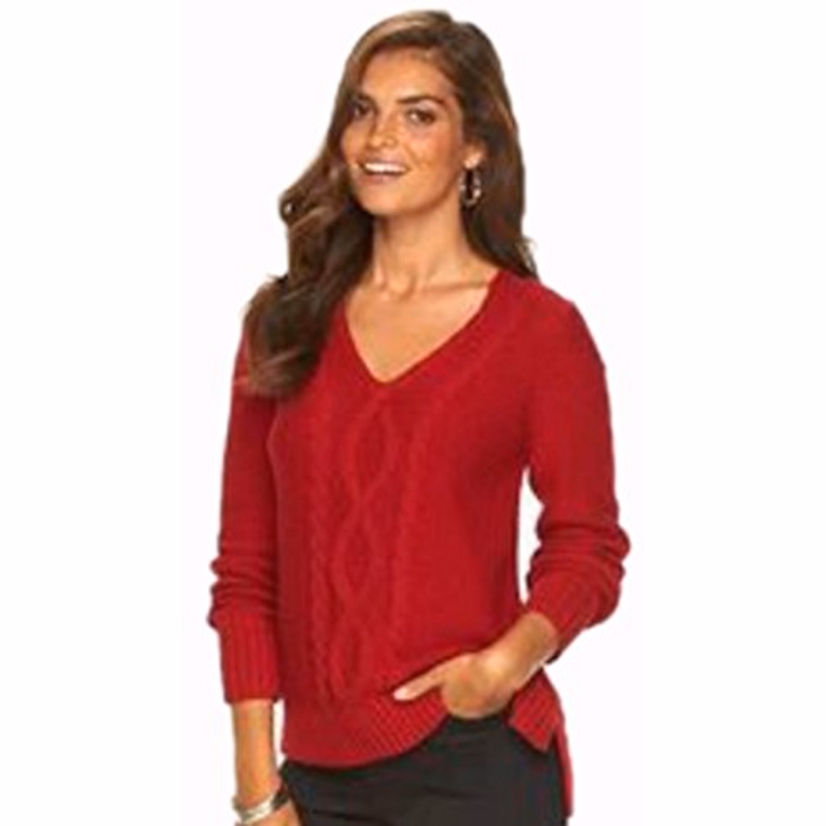 Chaps Women's Cable-Knit V-Neck Long Sleeve Sweater (Medium, Rich Red)