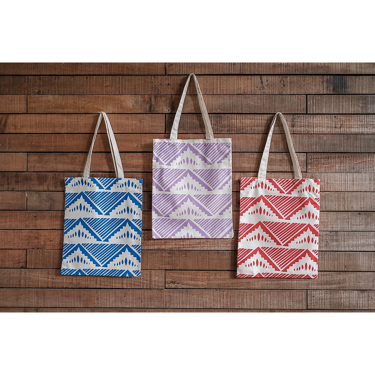 Handprinted Canvas Tote Bag, Reuseable Grocery Shopping Tote with Long Handles, Multipurpose, Sturdy 100% Cotton Canvas Shoulder Bag with Purple Fijian Tapa Print - Tabana Print, Purple