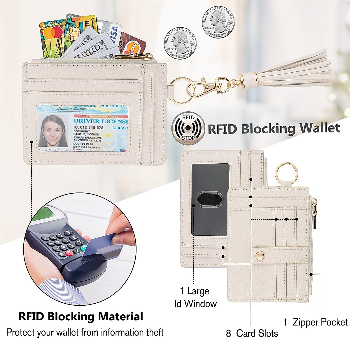 KNGITRYI Wallet Keychain Wristlet for Women,Slim RFID Credit Card Holder Purse Tassel Keychain Bangle Key Ring for Men Women (classic, RFID-Beige)
