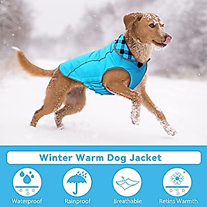 ALAGIRLS Classic Plaid Reversible Dog Winter Coat, Reflective Windproof Dog Vest Clothes, Warm Cotton Lined Pet Snow Jacket Pet Apparel for Cold Weather, Blue L