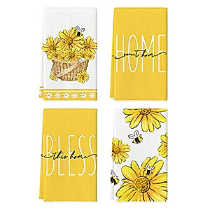 Artoid Mode Sunflower Bees Flower Basket Home Sweet Home Summer Kitchen Towels Dish Towels, 18x26 Inch Seasonal Decoration Hand Towels Set of 4
