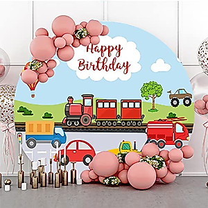 AWERT Polyester Diameter 7.5ft Round Boy Transportation Theme Backdrop for Happy Birthday Party Cartoon Train Truck Car Photography Background Kids Bday Party Decoration Banner