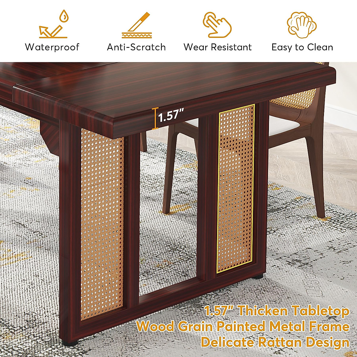 Tribesigns 70.87 Inch Dining Table for 6-8, Rectangular Kitchen Table, Rustic Dining Room Table with Rattan Frame, Large Dinner Table for Dining Room, Kitchen, Deep Walnut