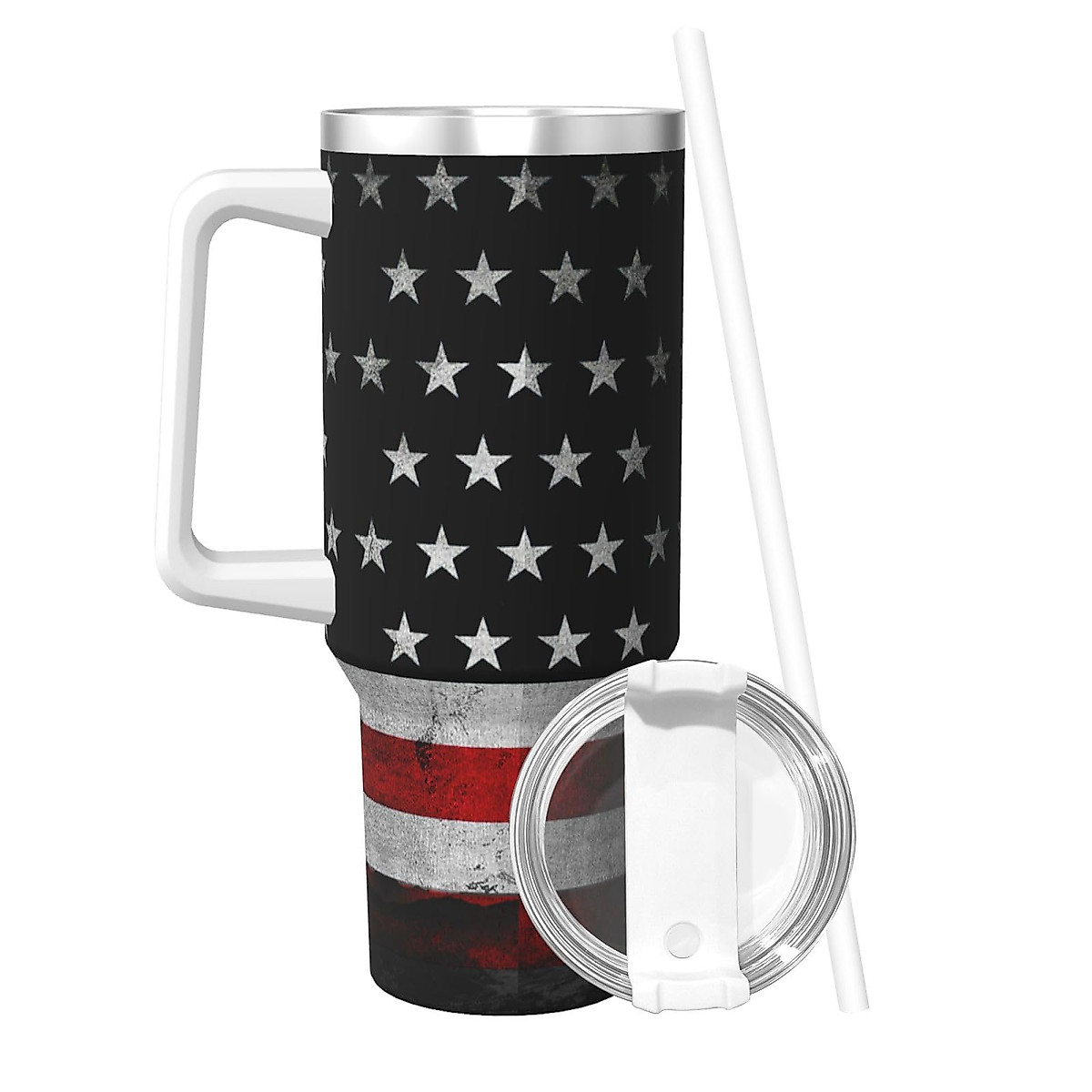 deaokluy 40 OZ American Flag Ice Bully Cup with Handle Straw Lid, Double Wall Stainless Steel Tumbler Travel Coffee Cup, Retro Insulation and Cooling Cup for Christmas Birthday Present