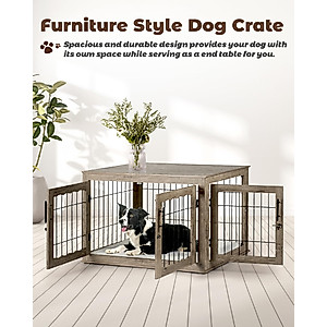 Upolana Large Dog Crate Furniture, 38 inch Dog Crates with Bed Pad, Wooden Dog Kennel Furniture, End Table Dog Cage with 3 Doors, Greige S35812