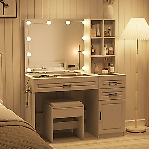 Fameill Vanity Desk with Lighted Mirror & Power Strip,Large Vanity Table with Glass top and Lots Storage,3 Drawer Makeup Desk with Hair Dryer Stand,3 Lighting Modes,White